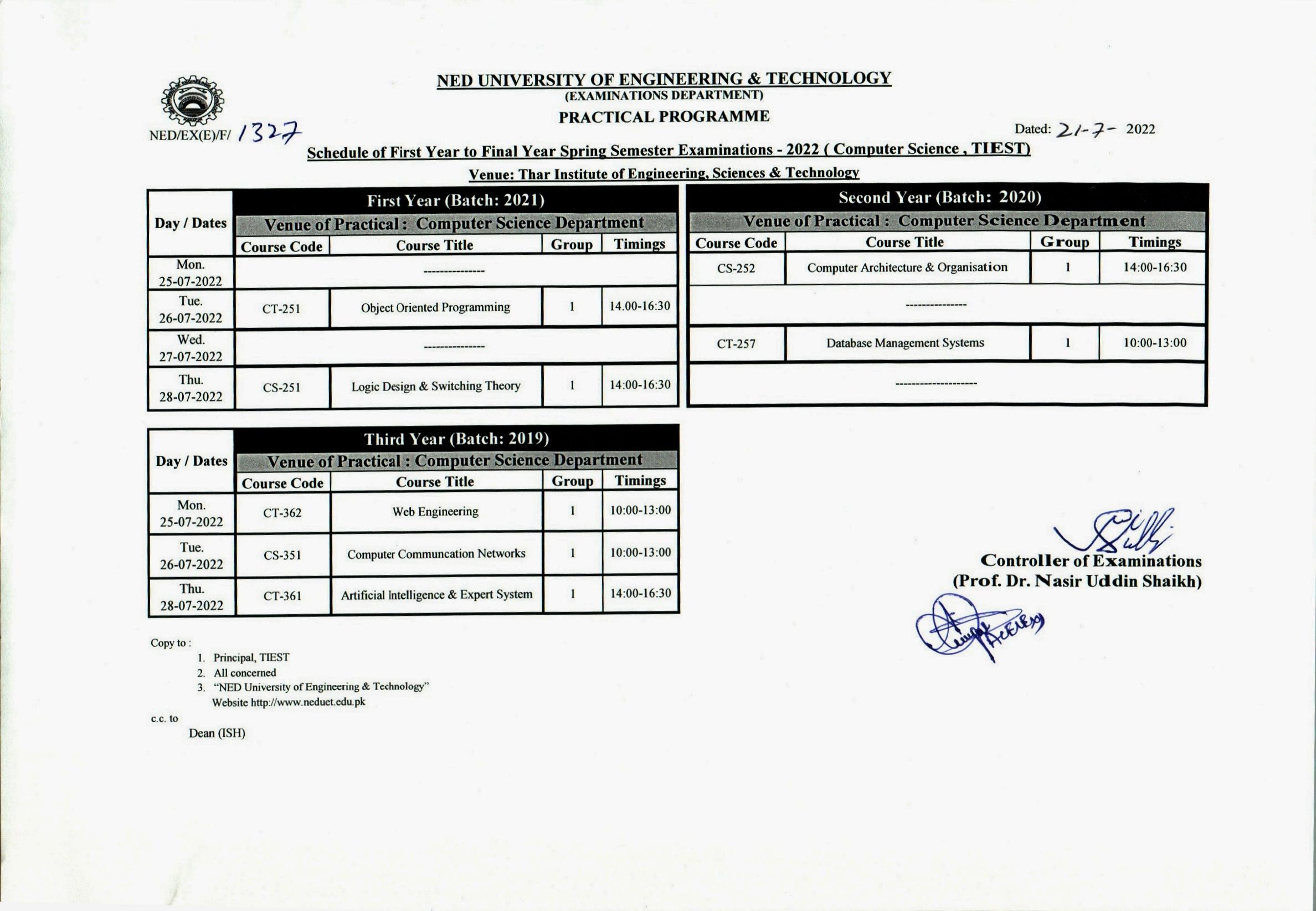 Examinations Schedules | NED University of Engineering & Technology